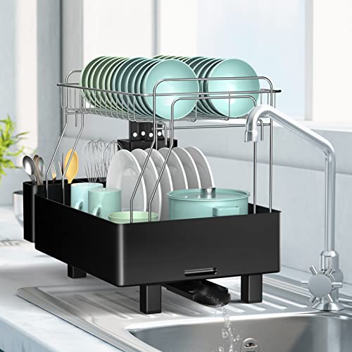 Klvied Dish Rack with Swivel Spout, 2 Tier Drying Rack for Kitchen Counter, Large Dish Drying Rack with Drainboard, Dish Strainers for Kitchen Counter, 304 Stainless Steel Dish Drying Rack, Black