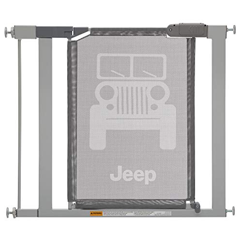 Jeep Adjustable Baby and Pet Safety Gate by Delta Children | Easy Fit | Pressure Mount | Design with WalkThrough Door โ Fits Openings Between 28.5-40 Inches Wide, Grey