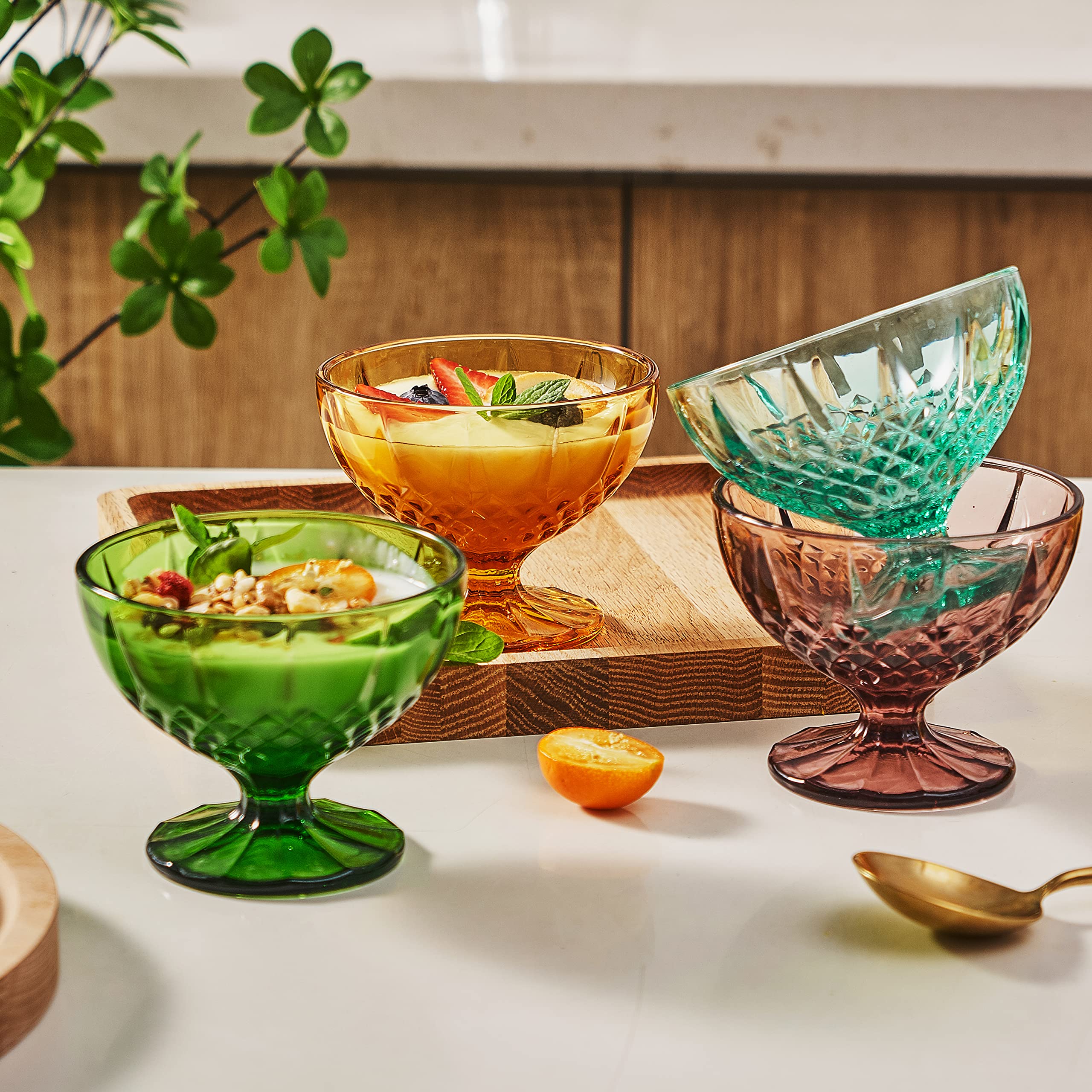 KMwares 4PCs Set 8oz Colored Footed Glass Dessert Bowls/Cups