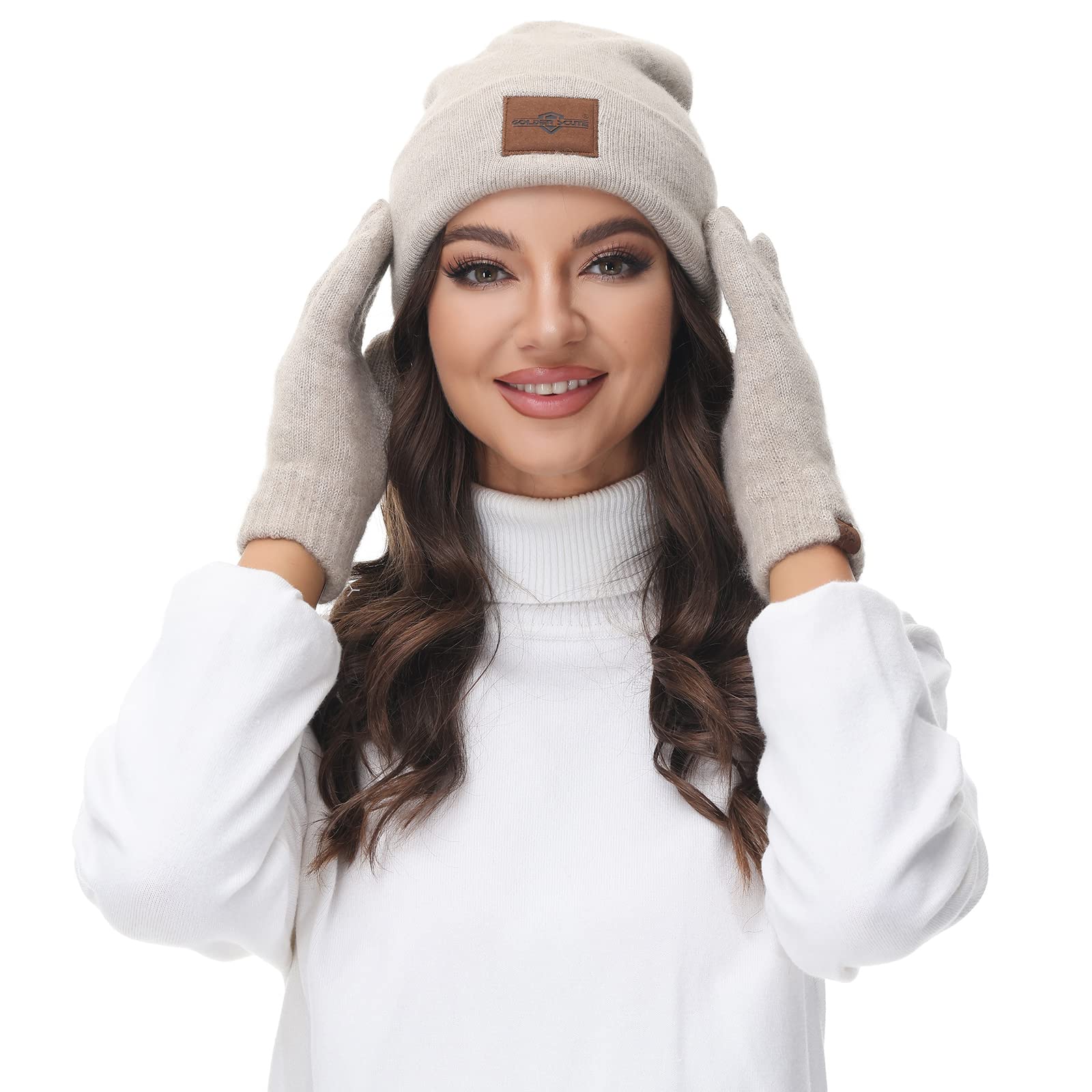 Golden Scute Knit Beanie for Women Men, Slouchy Cable Beanie with Fleece Lining Warm Winter Hat Soft Unisex Skull Cap Khaki