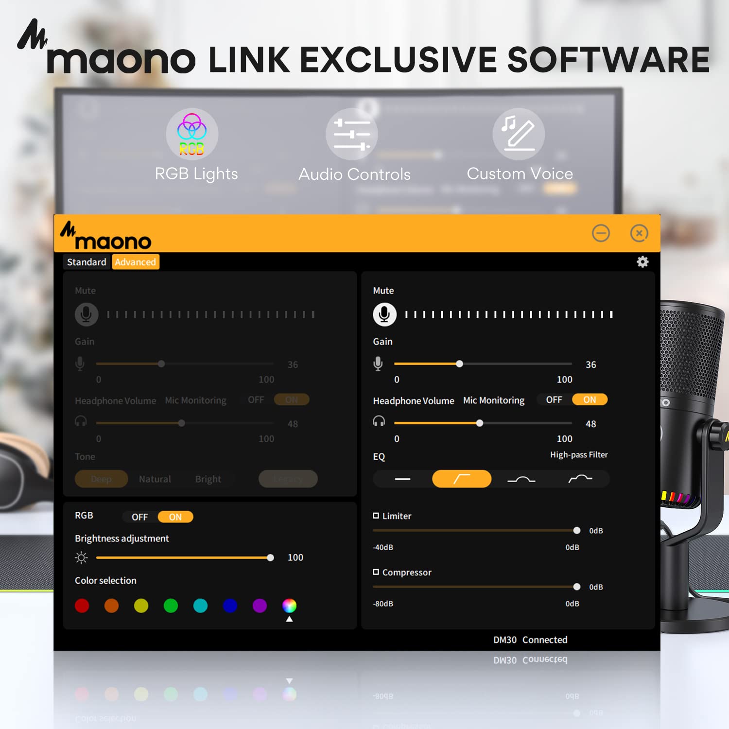 MAONO USB Gaming Microphone for PC, Programmable Condenser Mic with RGB Light, Mute, Gain, Monitoring, Volume Control for Streaming, Podcast, Twitch, YouTube, Discord, Computer, Mac, PS5, DM30