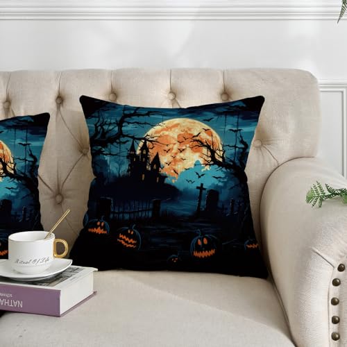 Halloween Moon Pillow Covers Pumpkin Ghost Moon Cute Washable Couch Decorative Pack of 2 Soft Linen Pillow Covers Living Room Bedroom Dorm,Blue,18x18 Inch