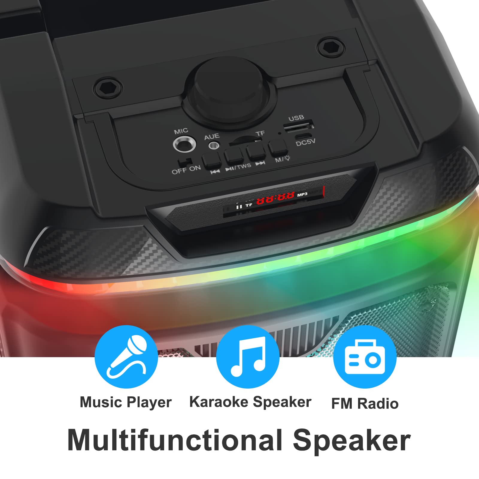 Karaoke Machine with Wireless Microphone, VeGue Portable Bluetooth Speaker with Colorful LED Light, REC, Remote Control, FM Radio, Supports AUX/USB/TF Card, Ideal for Home Karaoke, Party (VS-0803BL)