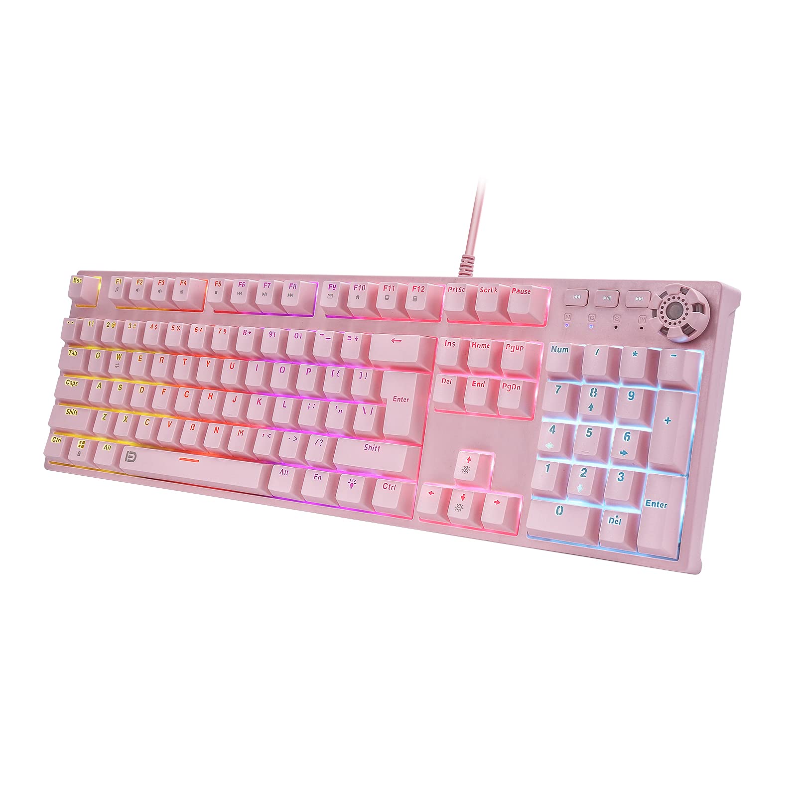 HUO JI Pink Mechanical Gaming Keyboard, USB Wired with Rainbow LED Backlit, Brown Switches, Multimedia Keys,108 Keys No Conflict