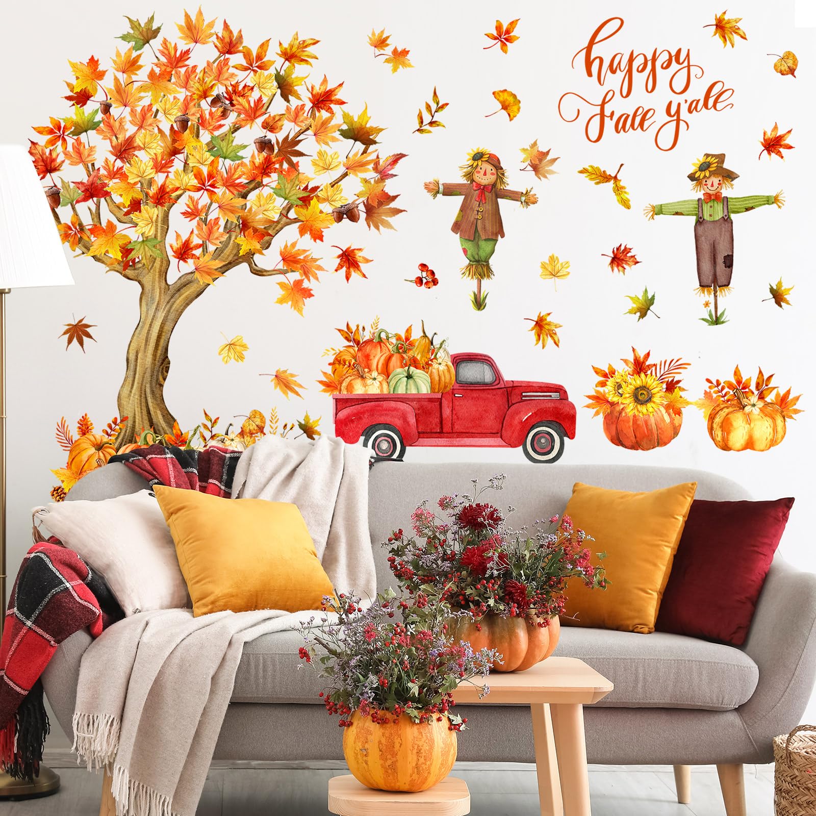 Resurhang Fall Maple Leaves Wall Decals Fall Tree Scarecrow Pumpkin Truck Wall Decor Sticker Thanksgiving Removable Fall Leaves Wall Decor Cute Autumn Wall Mural Art for Classroom Bedroom Decor