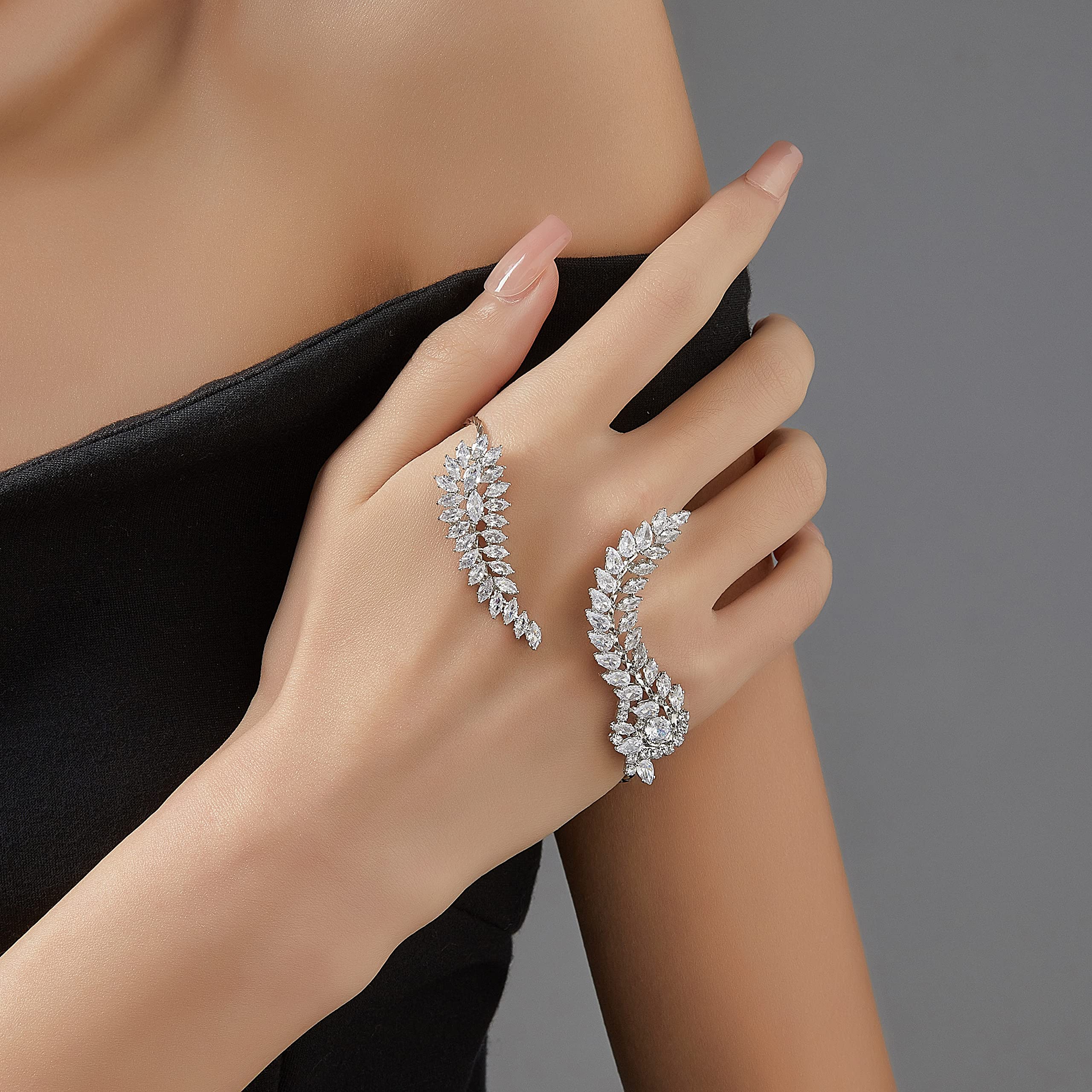 Mytys Silver Adjustable Palm Rings for Women-Cubic Zirconia Open Hand Palm Bracelet Ring-Full CZ Multiple Finger Ring (Eternity Branch Silver)