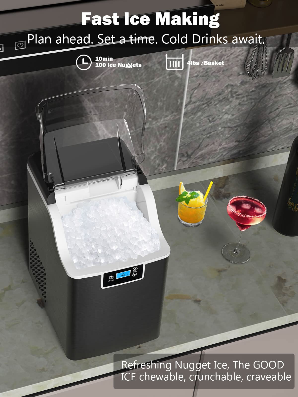 Kndko Nugget Ice Maker with Chewy Ice,High Ice-Making of 45lbs/Day/14,000pcs, Self-Cleaning,24-Hour Timer for Home Kitchen Bar Party,Bright Black Stainless Steel