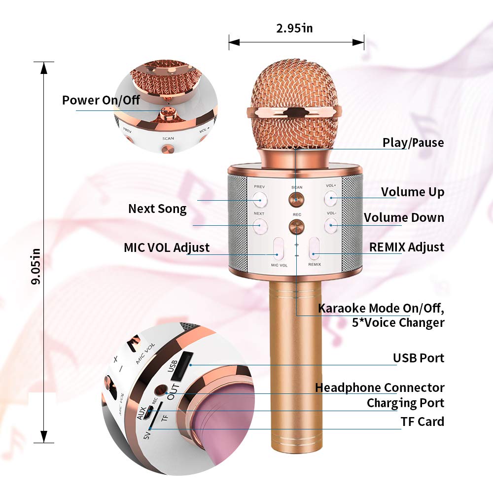 huxspoo Wireless Bluetooth Karaoke Microphone,Rechargeable Kids Microphone Karaoke Machine - Best Gifts for Kids Adults (Rose Gold)