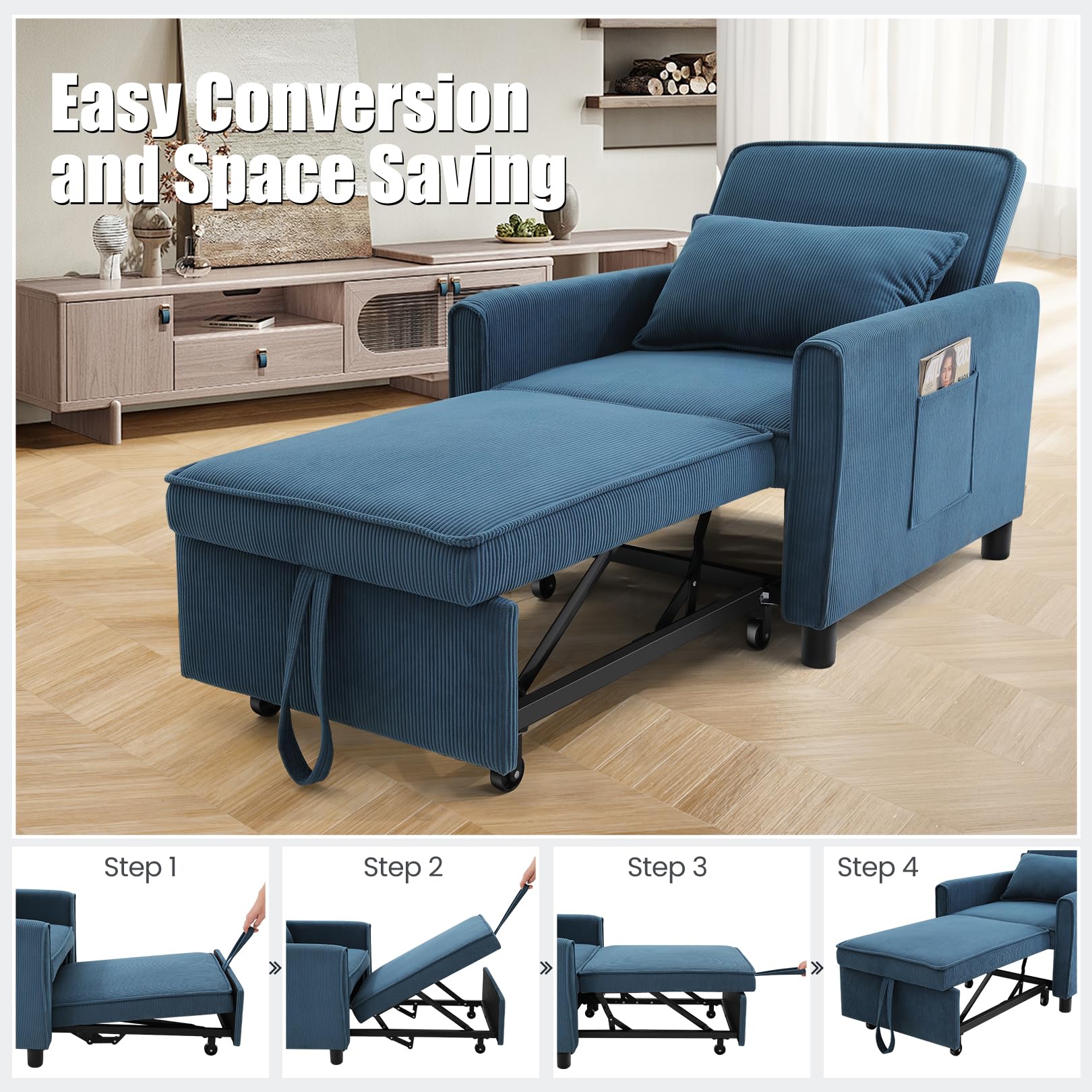 Sleeper Sofa Chair Bed, 2024 Upgrade 4-in-1 Convertible Sleeper Sofa Bed, Sleeper Chair Pullout Sofa Bed with Adjustable Backrest, Corduroy Ottoman Bed Sleeper for Living Room Apartment Office, Grey