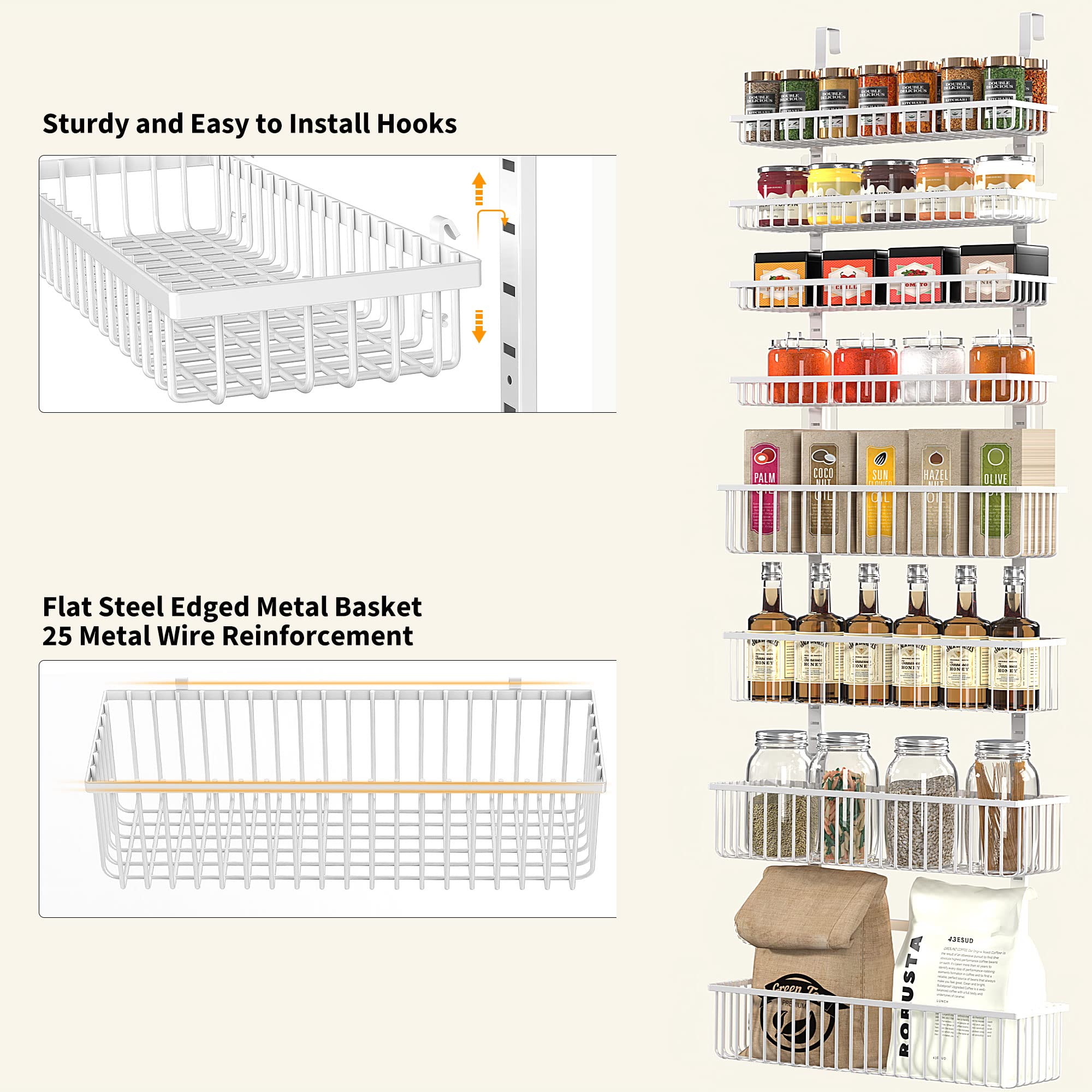 Moforoco Over The Door Pantry Organizer, Pantry Door Organizer Shelves, Kitchen Organizers and Storage, Hanging Basket Wall Spice Rack Seasoning Shelves, Laundry Room Bathroom accessories(White