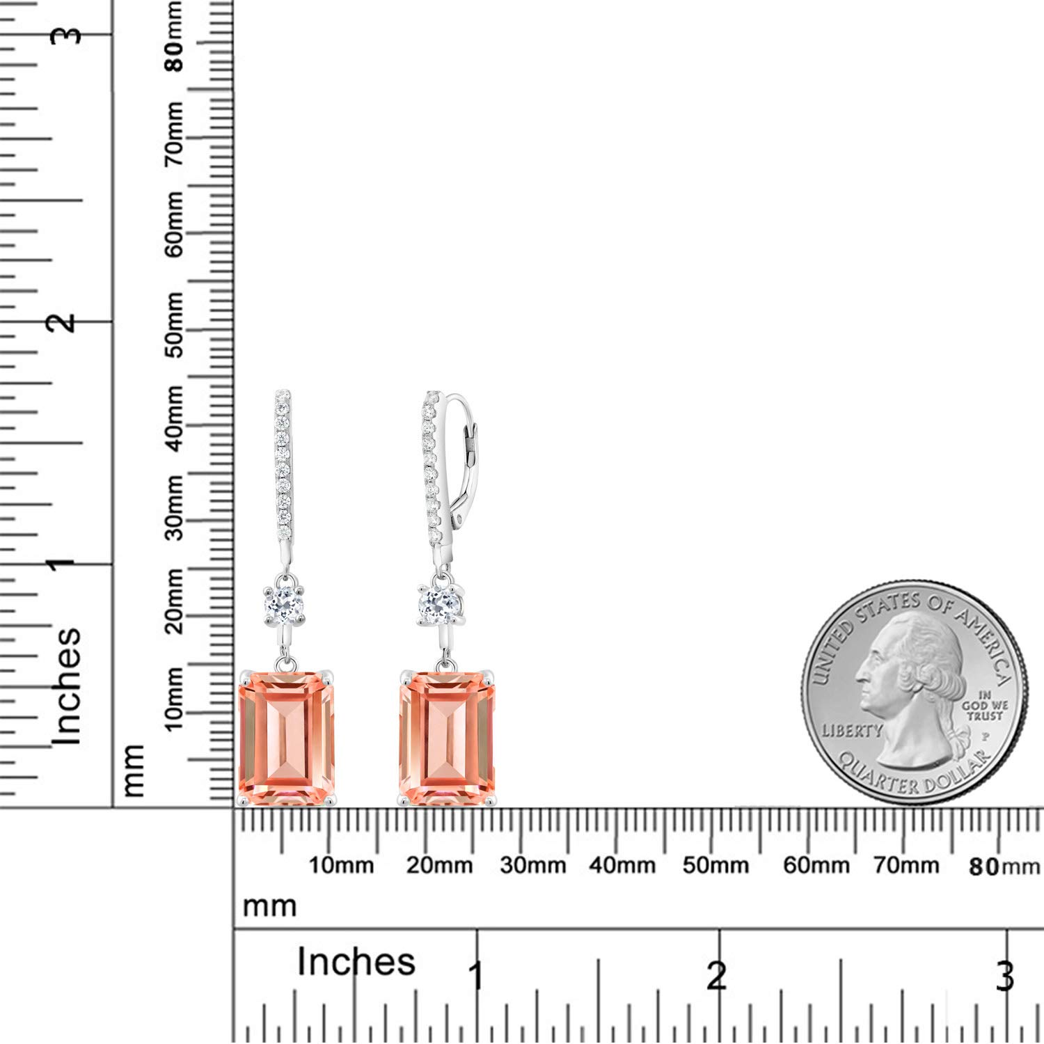 Gem Stone King 925 Sterling Silver Peach Nano Morganite and White Topaz Dangle Earrings For Women (13.56 Cttw, Emerald Cut 14X10MM)