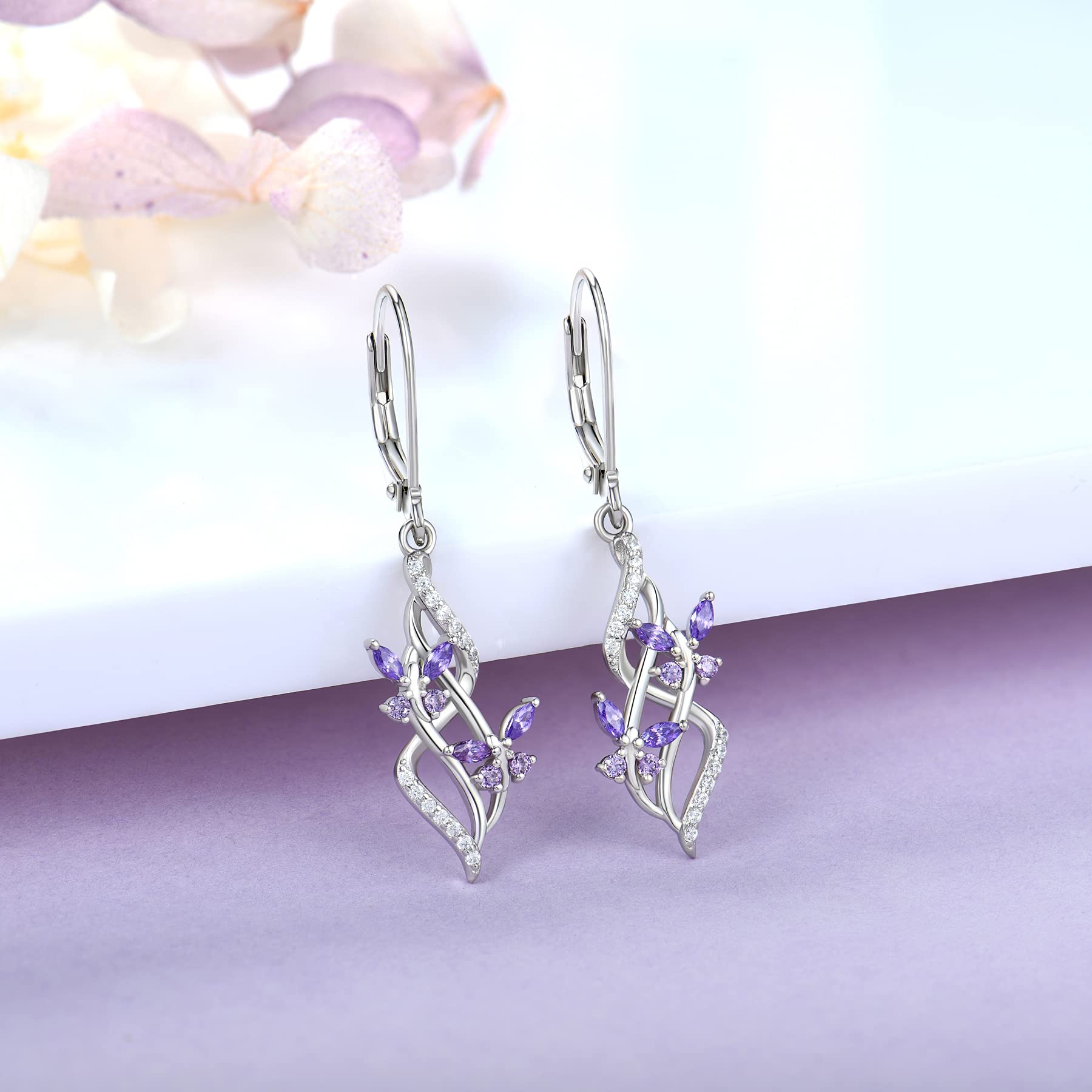 JO WISDOM Women Infinity Butterfly Earrings,925 Sterling Silver Dangle & Drop Earrings with 5A Cubic Zirconia June Birthstone Amethyst Color