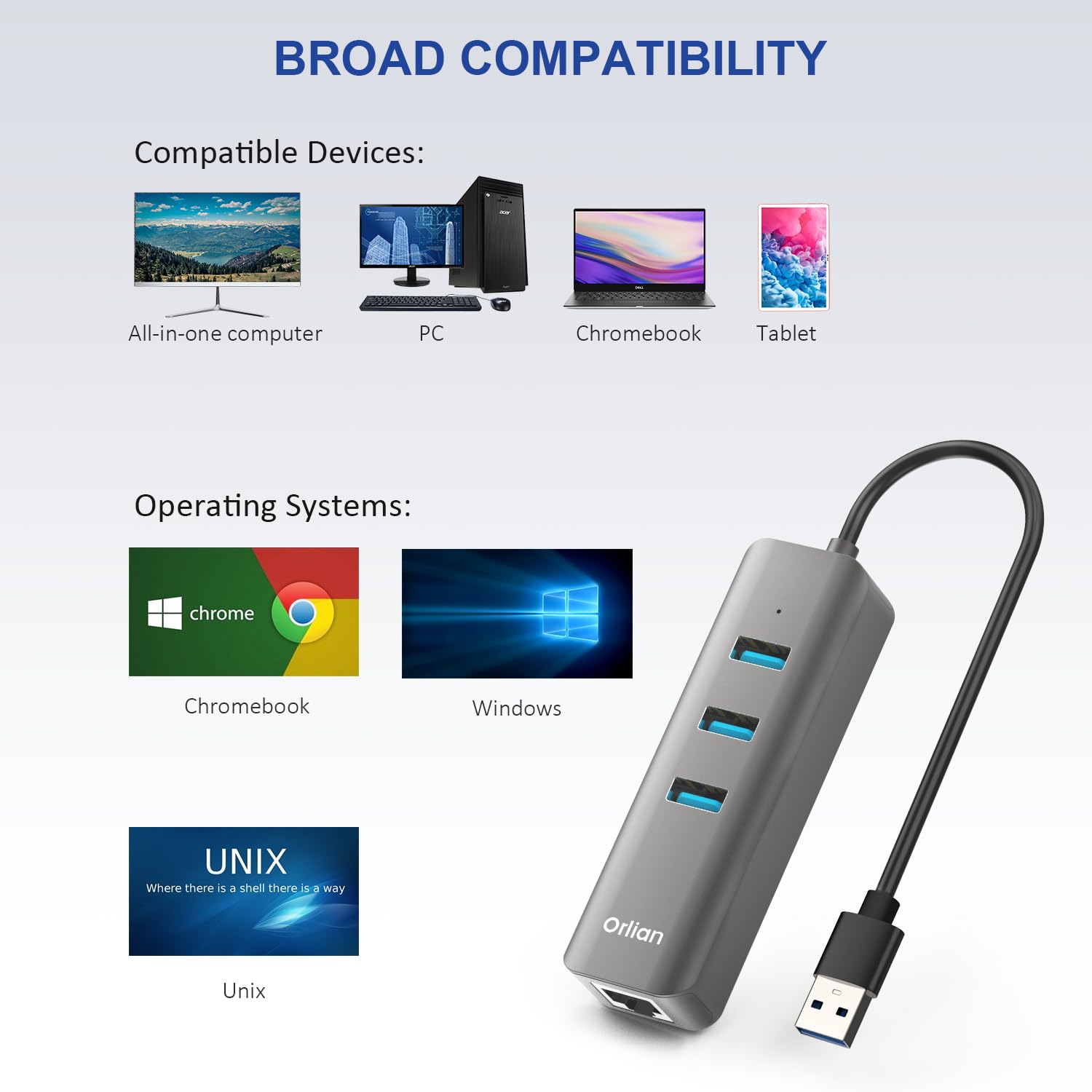 Orlian USB to Ethernet Adapter, USB 3.0 Hub with RJ45 1Gbps Ethernet Port Slim Multiple Ports 4-in-1 USB Splitter for MacBook Air 2017 iMac Acer HP Surface Dell Lenovo [Charging NOT Supported]