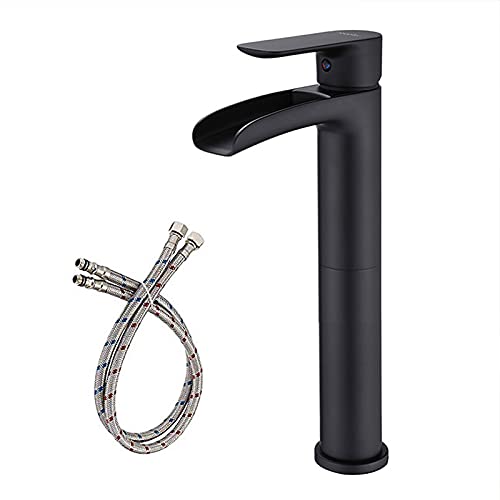 NEWATER Vessel Sink Faucet Brass Waterfall Spout Bathroom Faucet Tall Body Single Hole One Handle Bathroom Sink Faucet Commercial Faucet for Bathroom Sink Vanity Faucet with Supply Lines,Matte Black