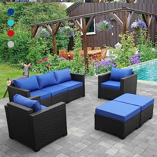 Outdoor Wicker Furniture Couch Set 5 Pieces, Patio Furniture Sectional Sofa with Royal Blue Cushions and Furniture Covers, Black Rattan