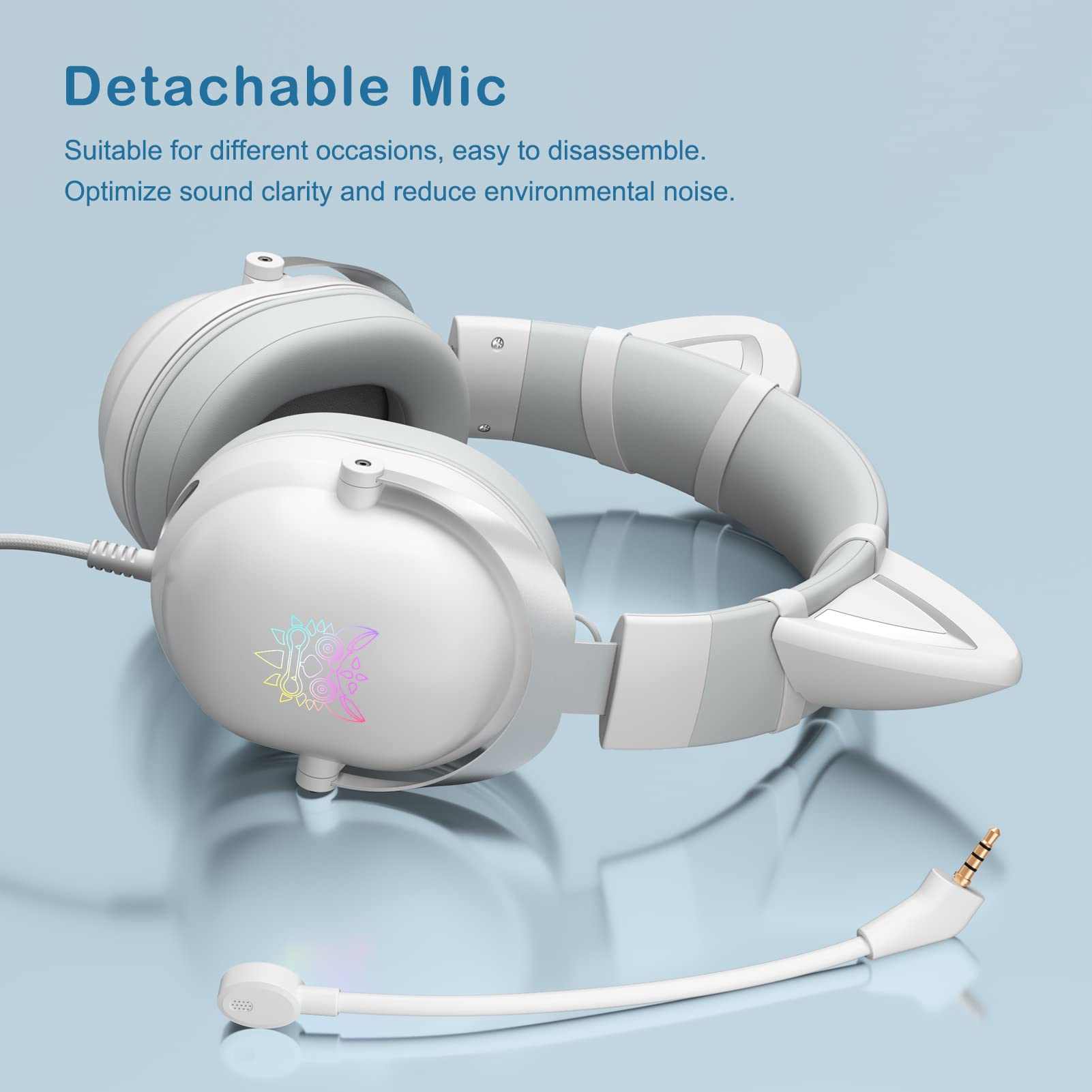 HOLULU Gaming Headset with Removable Cat Ears, Compatible with PC Mobile Phones Tablet, PS5 PS4 Xbox One(Adapter Not Included), with RGB Backlight, Removable Mic, 3.5mm & USB C Plug
