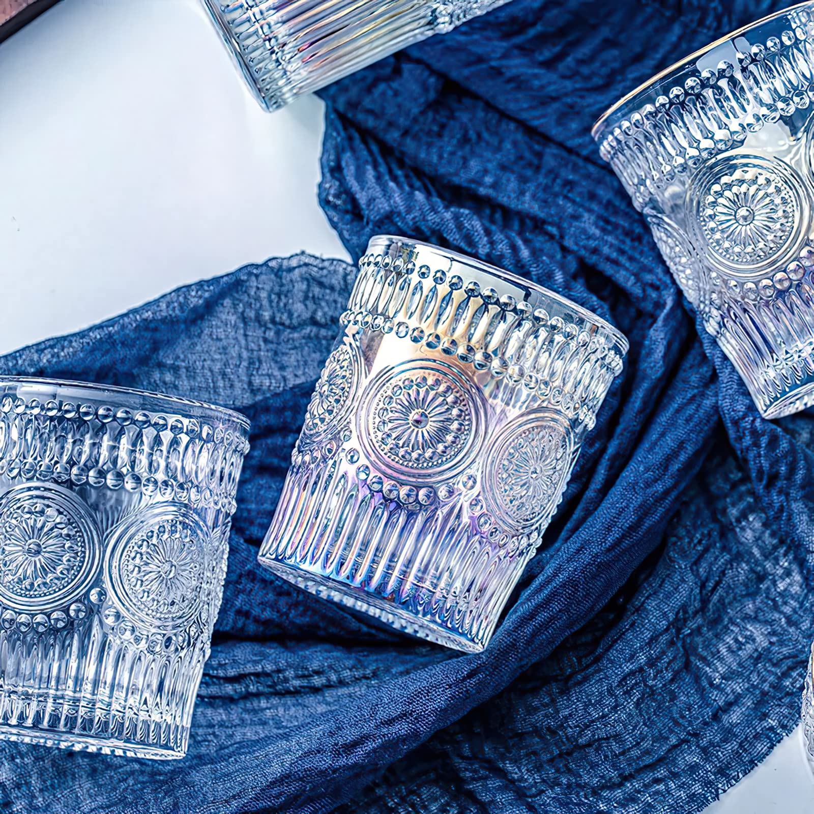 Kingrol 6 Pack 9 oz Romantic Water Glasses, Iridescent Drinking Glasses Tumblers, Vintage Glassware Set for Juice, Beverages, Beer, Cocktail