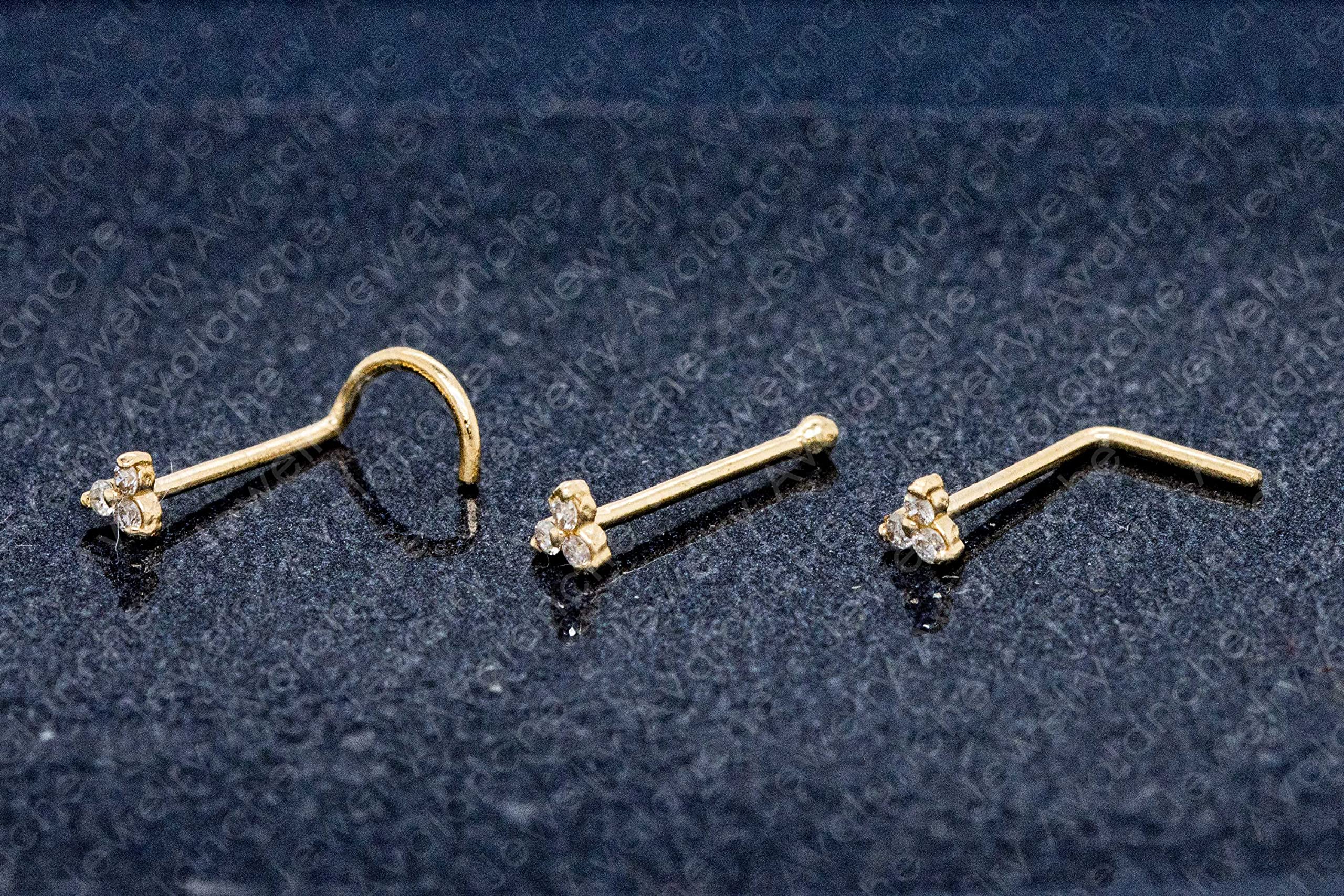 Jewelry Avalanche 3-Stone 0.015ctw Moissanite Nose Stud - 22G Solid 14Kt White Gold L-Shape Stud Nose Ring - April Birthstone Nose Stud LSWG310-MNT