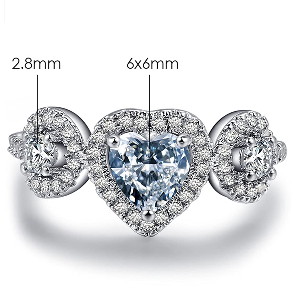 Jude Jewelers White Gold Plated Three Stone Heart Shaped Wedding Engagement Promise Statement Anniversary Ring (Silver, 9)