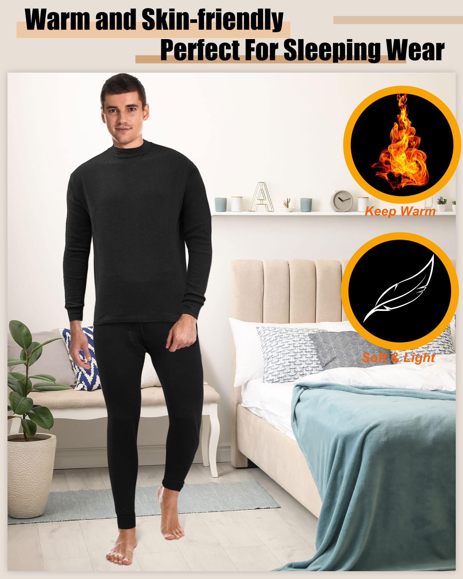 Jecery 4 Set Winter Thermal Underwear for Men Soft High Collar Long Johns for Men Warm Base Layer Men Cold Weather Windproof Cotton Polyester Top Bottom Shirt Pants