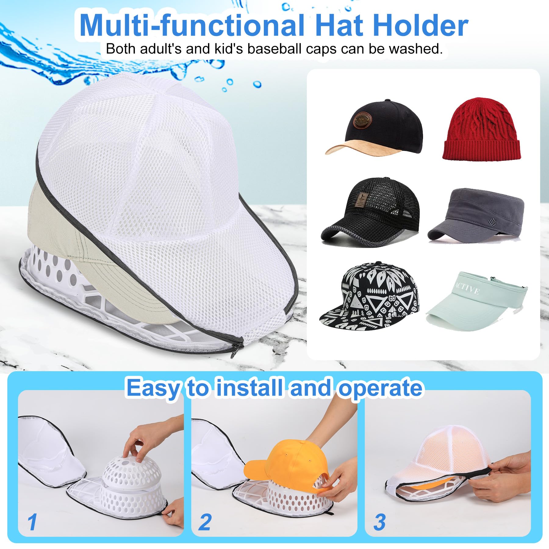 Rihogar Hat Washer Cage Hat Cleaner, Baseball Cap Washing Cage, Hat Washer for Washing Machine Fit for Adult and Kids' Caps, Including Hat Rack, 2 Pack White