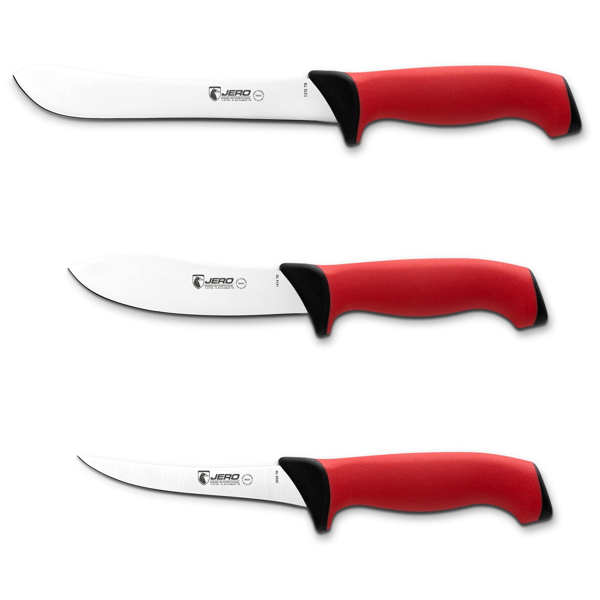 Jero Hunters Knife Set With Soft Grip Handles - 3 Piece Set Includes Deer Skinner, Narrow Butcher Knife And Curved Boning Knife - Perfect Camp Set