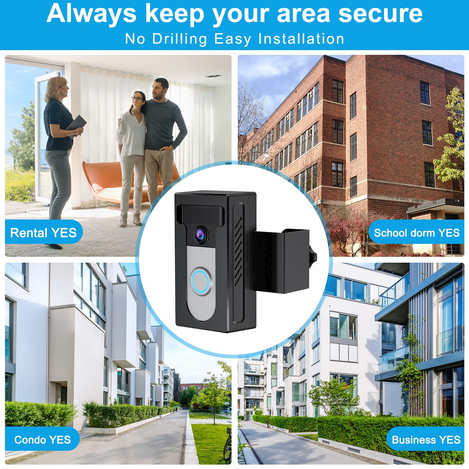 ODSD Anti-Theft Video Doorbell Mount, No-Drill Doorbell Mount, Not Block Doorbell Motion Sensor, Adjustable Mounting Bracket Kits for Apartment Home Renters Coal Black