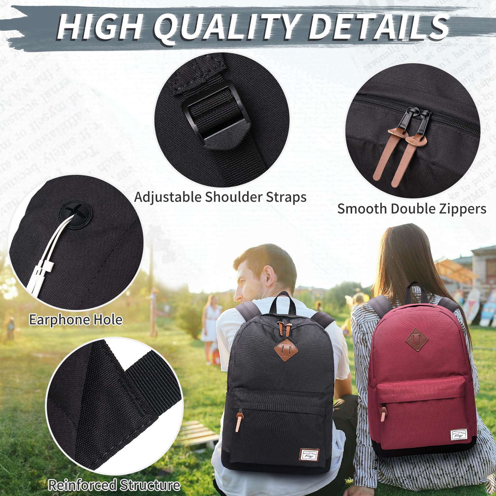 Kasqo Black Backpack, Classic Lightweight School Backpack Teens Boys, 15.6 Inch Laptop Bookbag for Men Women Girls College