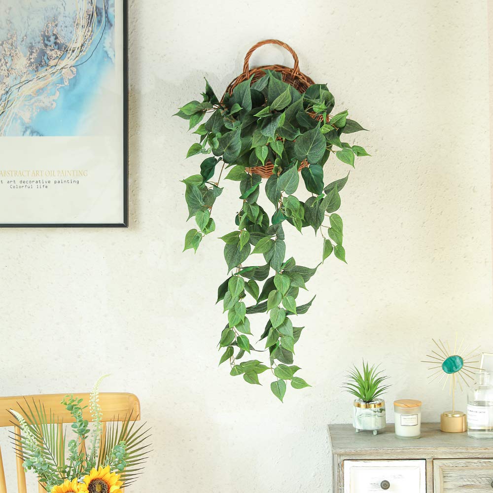 JUSTOYOU Artificial Hanging Plants 3.2FT Fake Pothos Plant with 7 Branches for Wall Hanging Home Kitchen Garden Indoor Outdoor Decor (Scindapsus Leaves-Basket not Include)