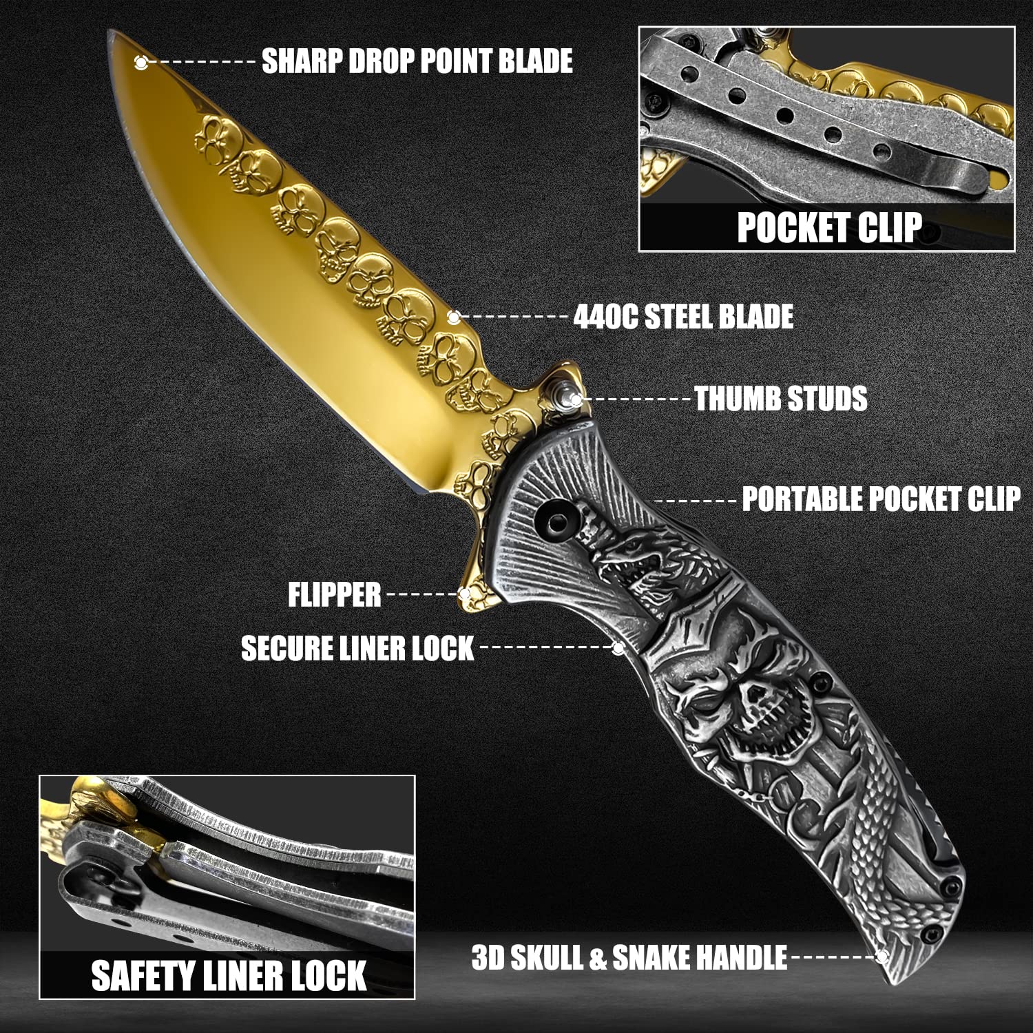 HOLYEDGE 7.8-in Tactical Folding Pocket Knife with 3.3-in Gold Mirror Blade, 3D Skull Handle, with Pocket Clip, Liner Lock and Auxiliary Opening for Outdoor Camping Survival Knives