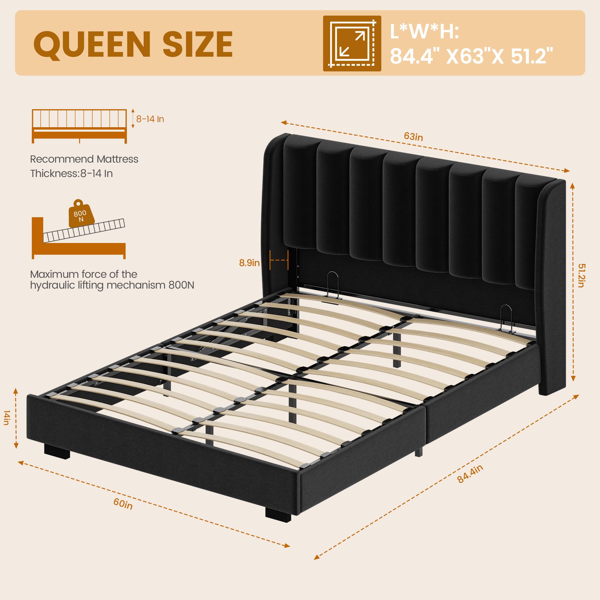 Queen Size Upholstered Lift Up Storage Bed Frame with 51.2" Tall Headboard, Velvet Wingback Tufted Design, Wood Slats Support, No Box Spring Required, Noise-Free Double Low Bed Frame (Queen,Beige)