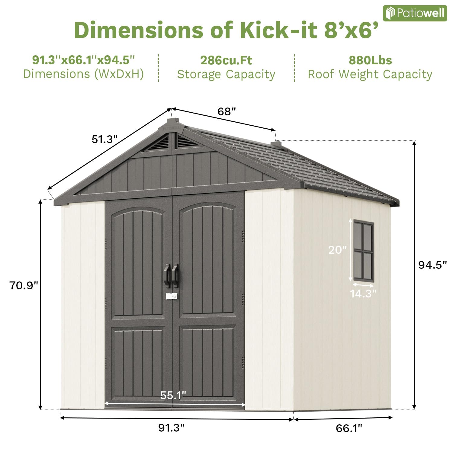 Patiolife 8.1x6.1 FT Resin Outdoor Storage Shed with Floor, Window and Lockable Door, Easy Installation in Gray and White