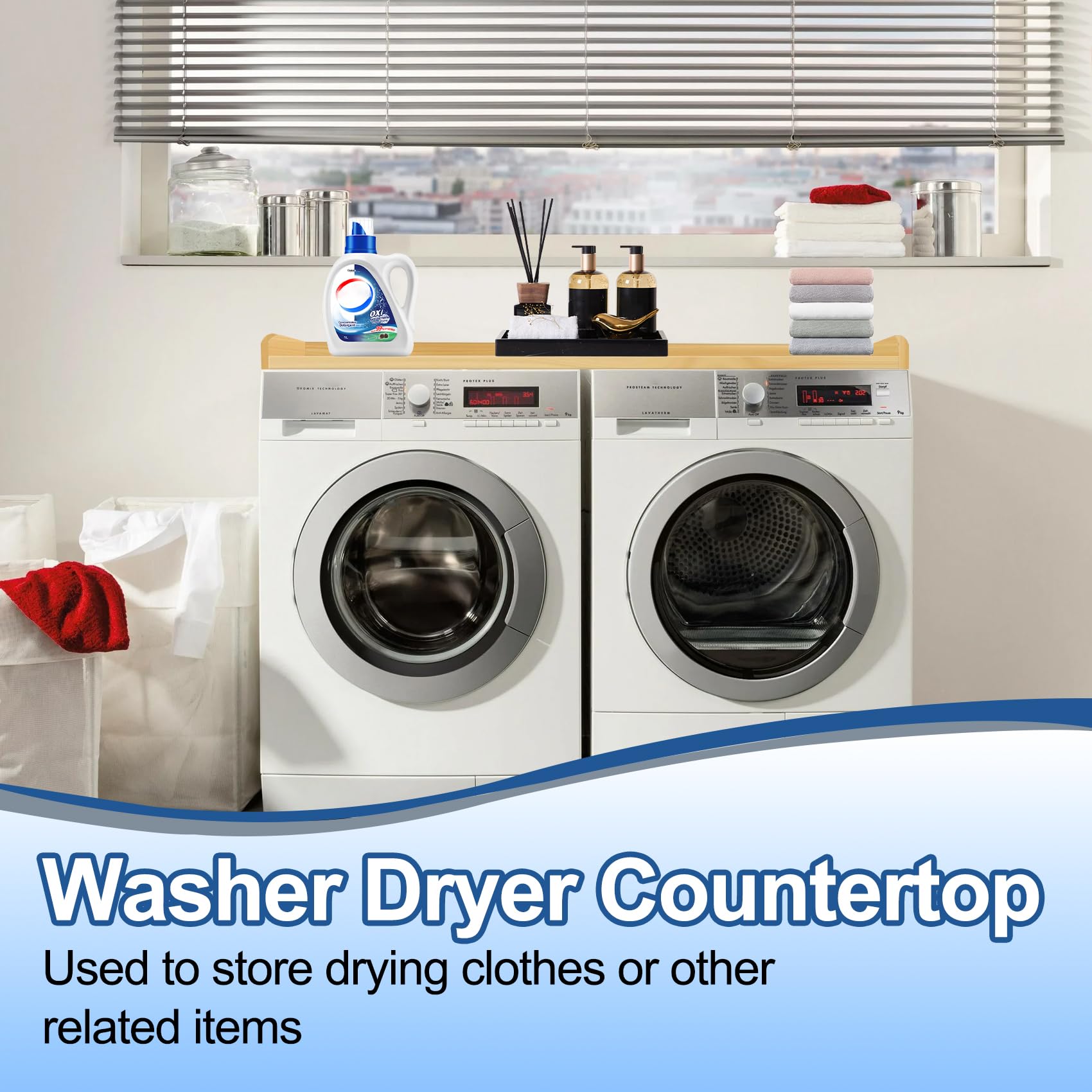 OEM Upgrade Washer Dryer Countertop, Laundry Countertop, Washer and Dryer Countertop Wood, 27.5" Depth x 54" Width with Edge Rails for Laundry Room Storage and Organization -Burlywood (Oak)