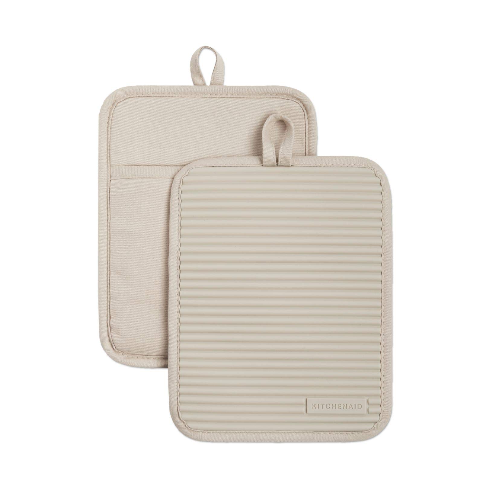 KitchenAid Ribbed Soft Silicone Water Resistant Pot Holder Set, Milkshake (2 Piece Set, 7"x9") and KitchenAid Gingham Mini Oven Mitt 2-Pack Set, Milkshake Tan (5.5"x8")