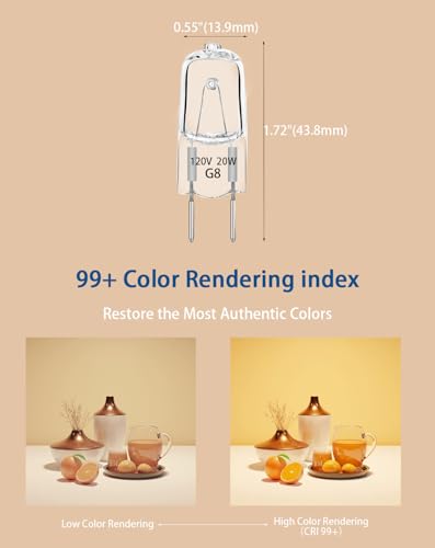 RAGFOZ G8 Halogen Light Bulbs 12 Pcs, 120V 20W G8 Xenon Under Cabinet Lighting Replacements, Dimmable T4 JCD G8 Base Bi-Pin 2700K Warm White