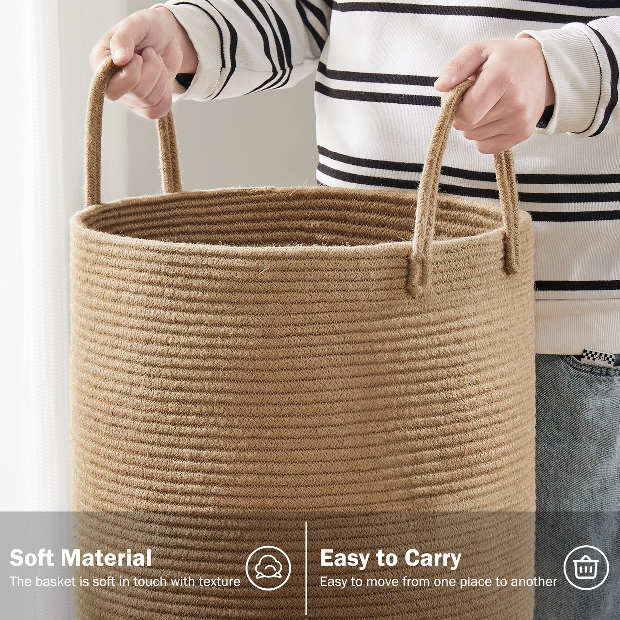 Jute Rope Woven Laundry Hamper Basket by YOUDENOVA, 58L Tall Laundry Basket, Baby Nursery Hamper for Blanket Storage, Clothes Hamper for Laundry in Bedroom-Large-Jute