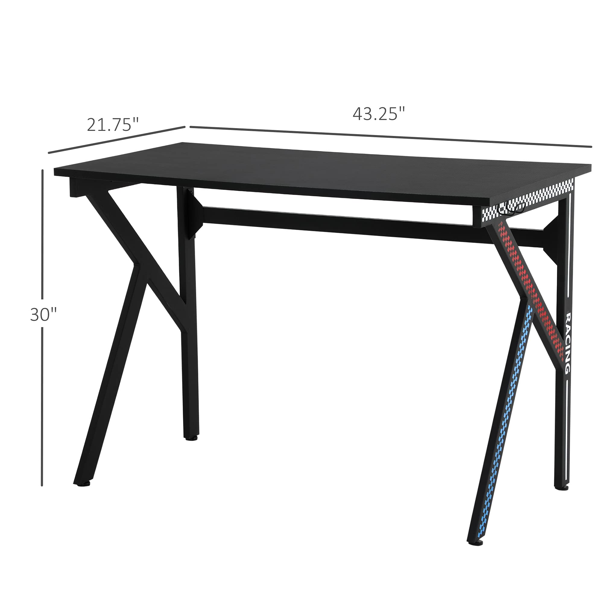 HOMCOM 43" Racing Style Gaming Desk with Multi-Colored K Steel Frame Design and Headset Side Hook, Black/Multi