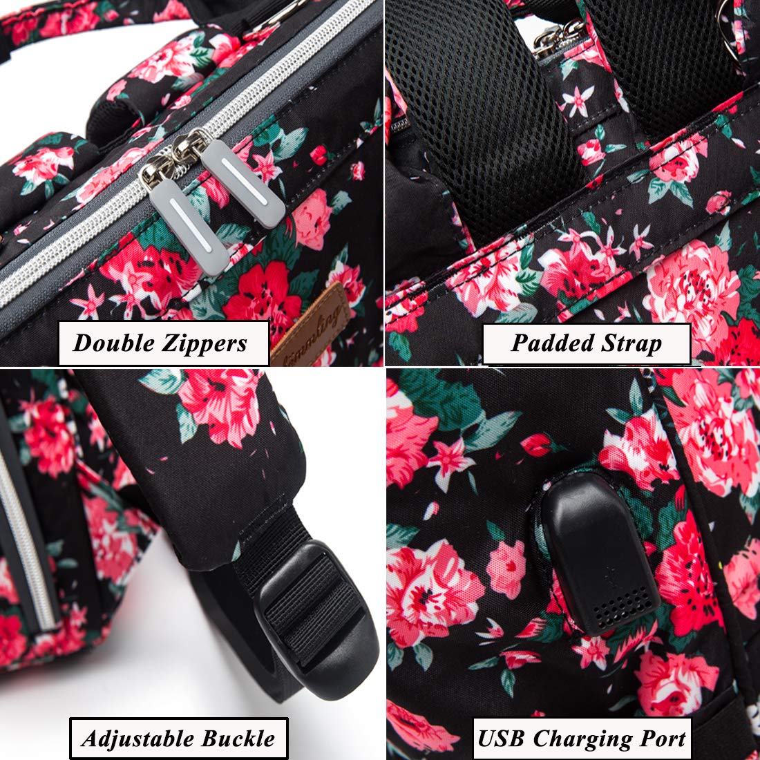 hopopower Diaper Bag Backpack, Diaper Bag with USB Charging Port for Mom & Dad, Large Multifunction Baby Nappy Changing Bags,Waterproof & Stylish, Floral
