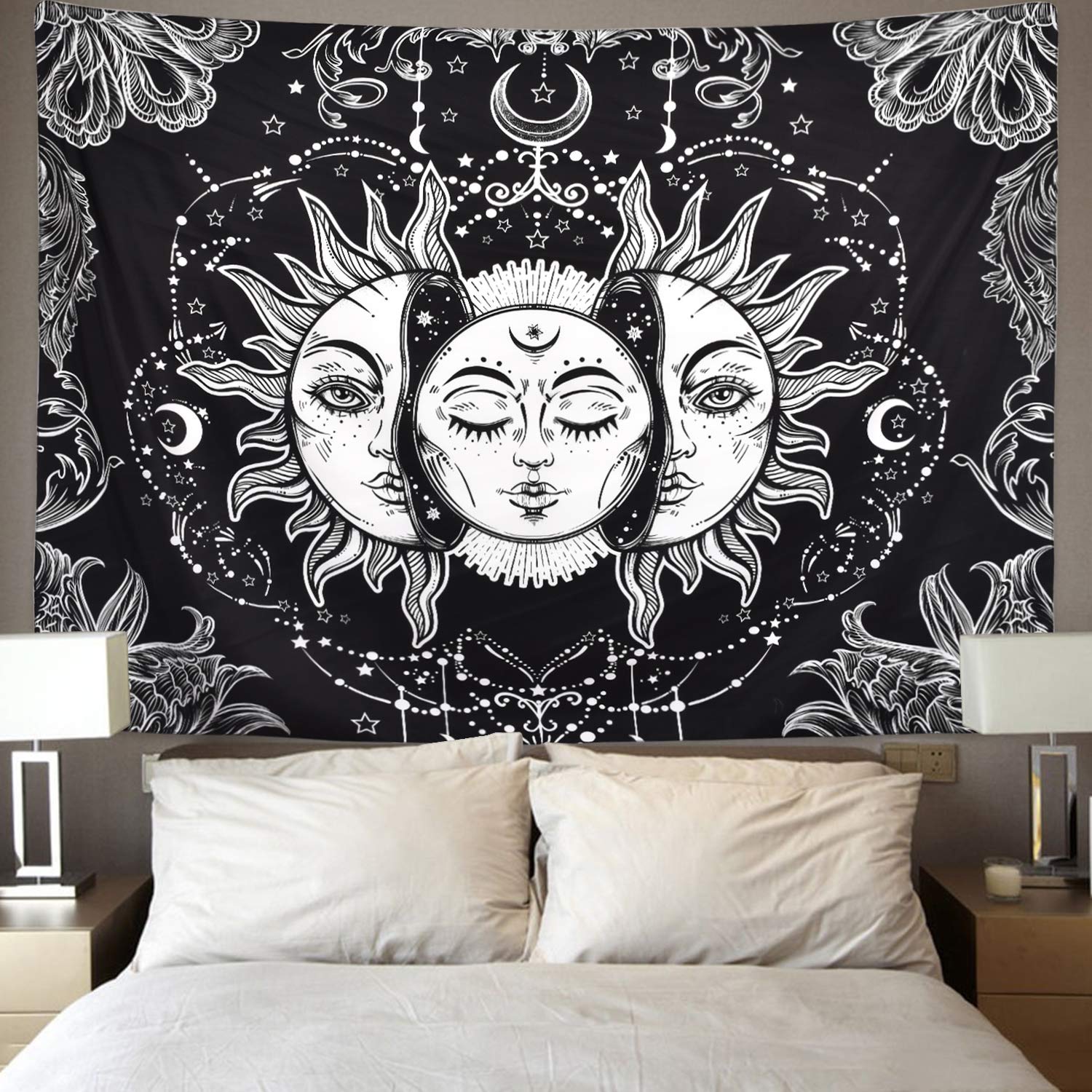 Huigatnn Pressy Sun and Moon Tapestry Burning Sun with Star Tapestry Psychedelic Tapestry Black and White Hippie