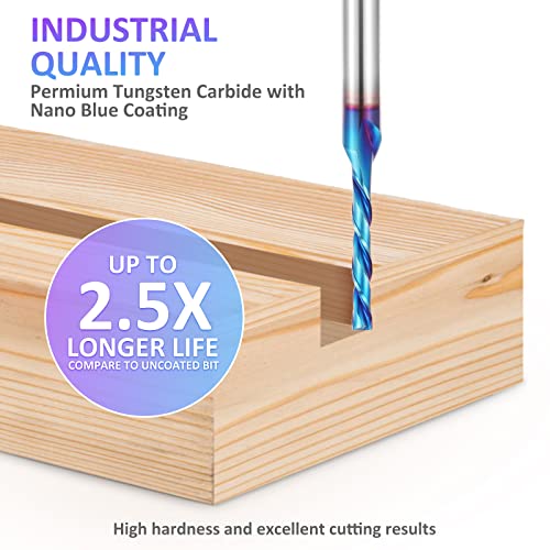 HQMaster 5 Pcs Spiral CNC Router Bits Set Down Cut 1/4β Shank Solid Carbide Spiral Downcut CNC Bits with Nano Blue Coating End Mill for Wood Cut Carving Engraver 1/8" Cutting Dia.