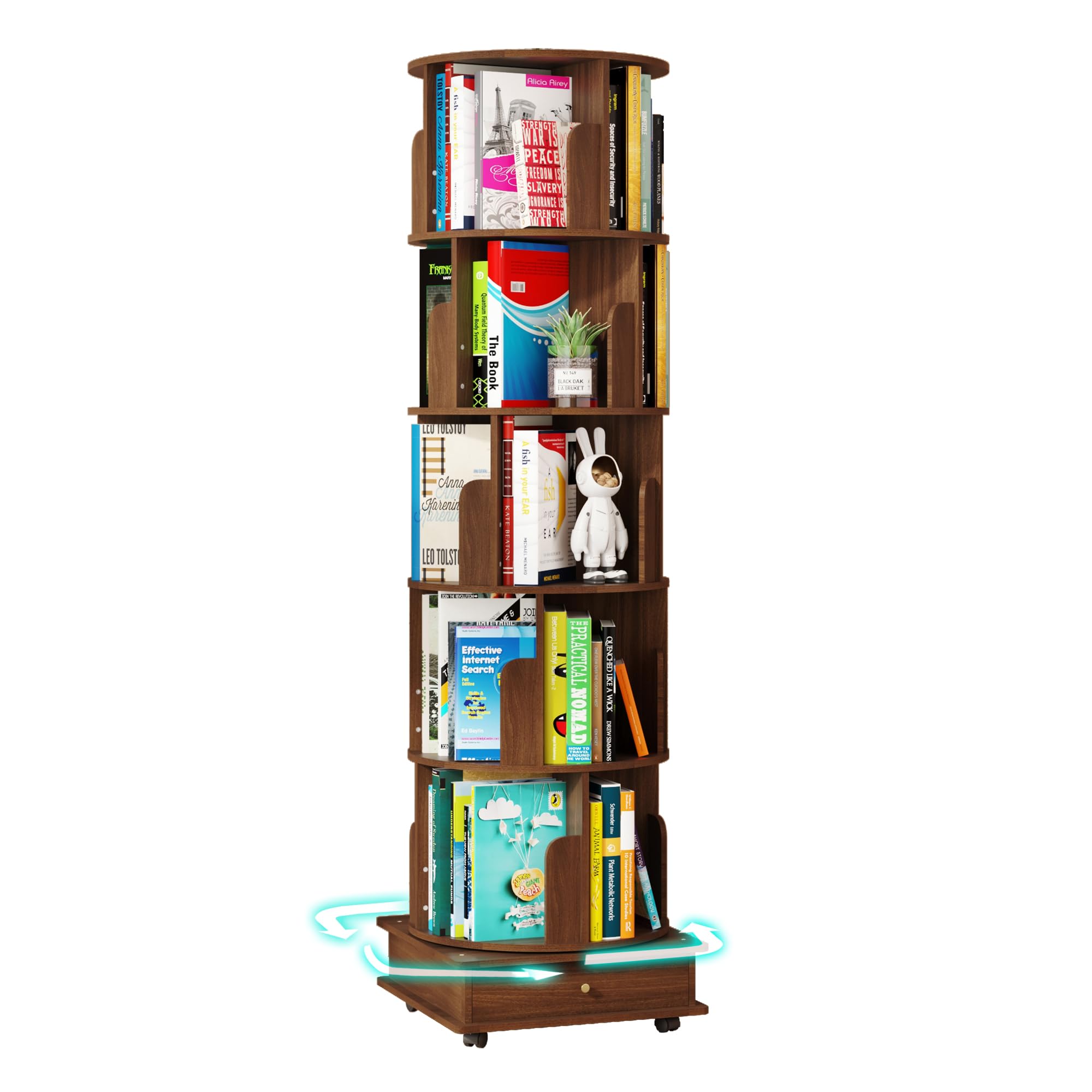 RNE Solid Wood Rotating Bookshelf Tower, 360 Rotating Bookshelf, Mobile Bookcase with Drawers and Wheels, for Bedroom, Living Room, Office (Walnut, 6-Tier)