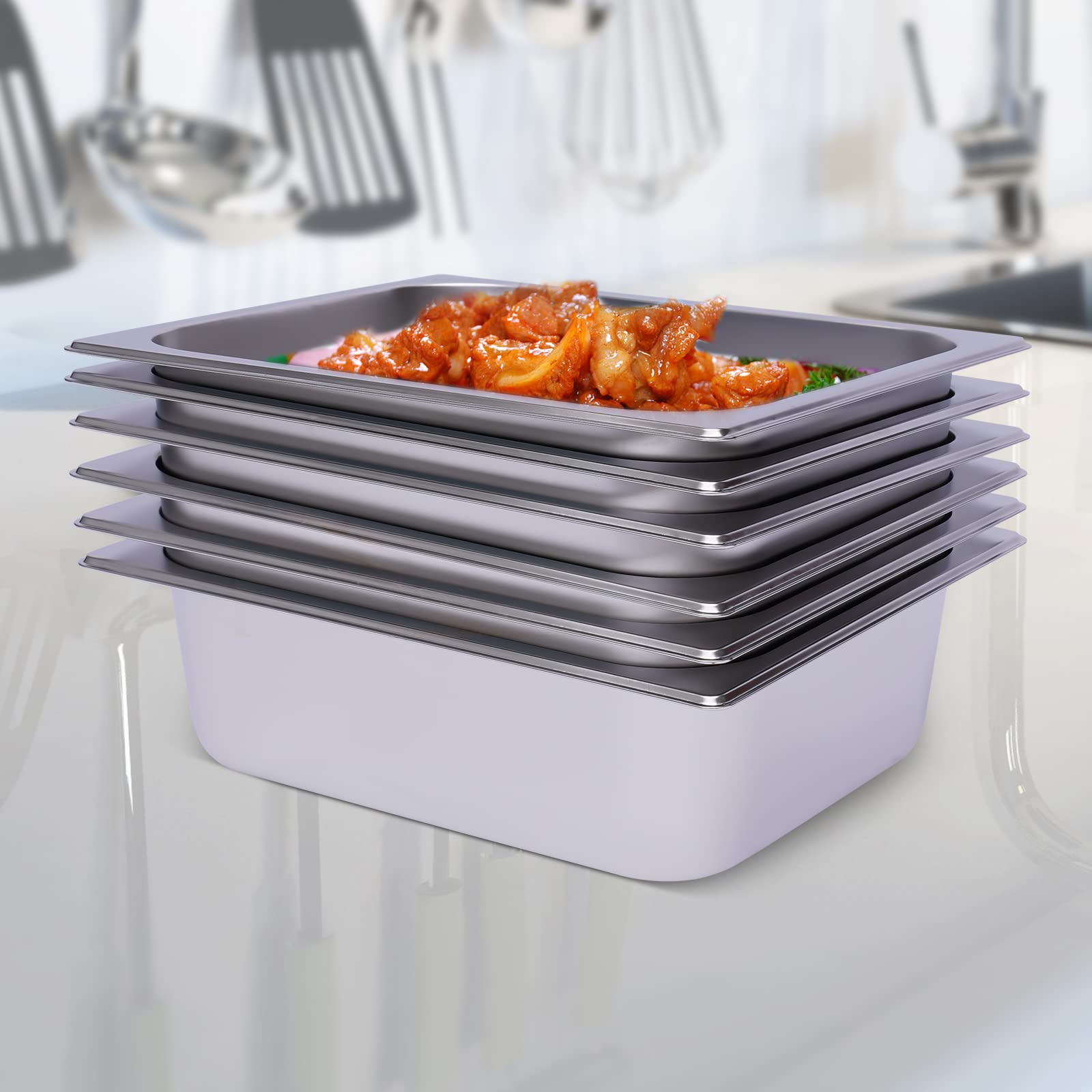 OUKANING 6 Pack Stainless Steel Steam Table Pans Commercial Catering Food Pan Stackable Hotel Pan Serving Trays Plate Container for Buffet Restaurant Supplies Party and Event (12.99x 10.24x 3.94in)