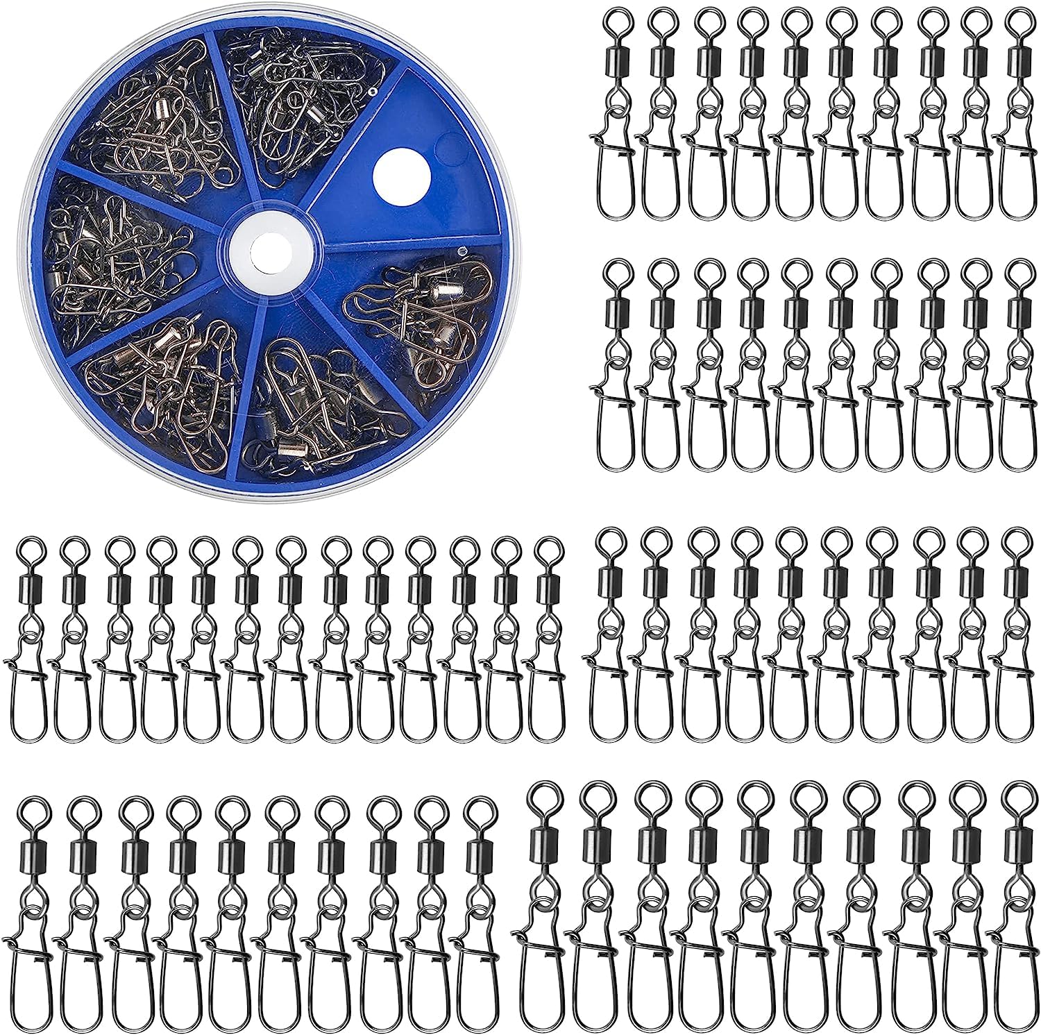 JOGFFDE Fishing Rolling Swivels Snaps Kit,70PCS High-Strength Fishing Swivels with Nice Snaps Lure Line Connector Fishing Tackle Box