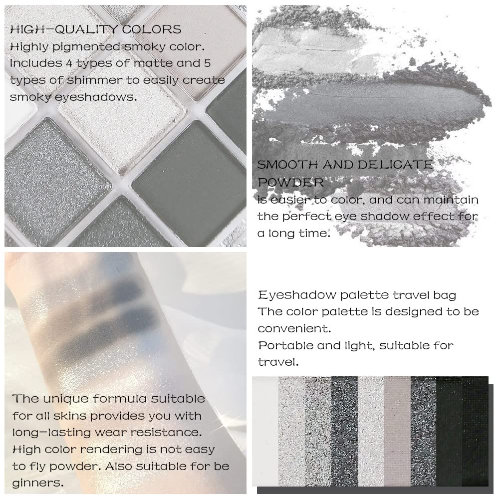 KARNAR Black Smokey Gray Silver Glitter Shimmer Eye Makeup Palette, 9 Colors Cool Toned Matte, Make Up Black Radiance Eyeshadow Palette, Profesional Sombras De Ojos