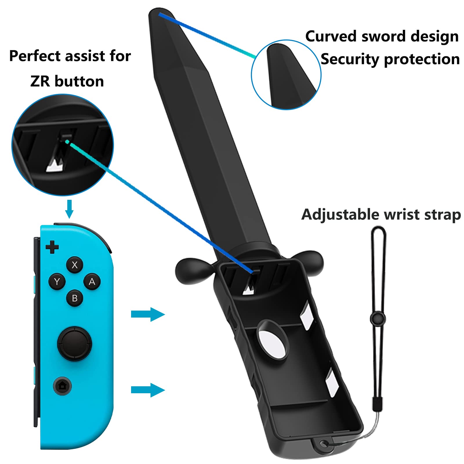 KUNSLUCK Sword Grip for Nintendo Switch Sports (Swordplay), Compatible with Switch/Switch OLED with Adjustable Wrist Strap, Black (2 Pack)