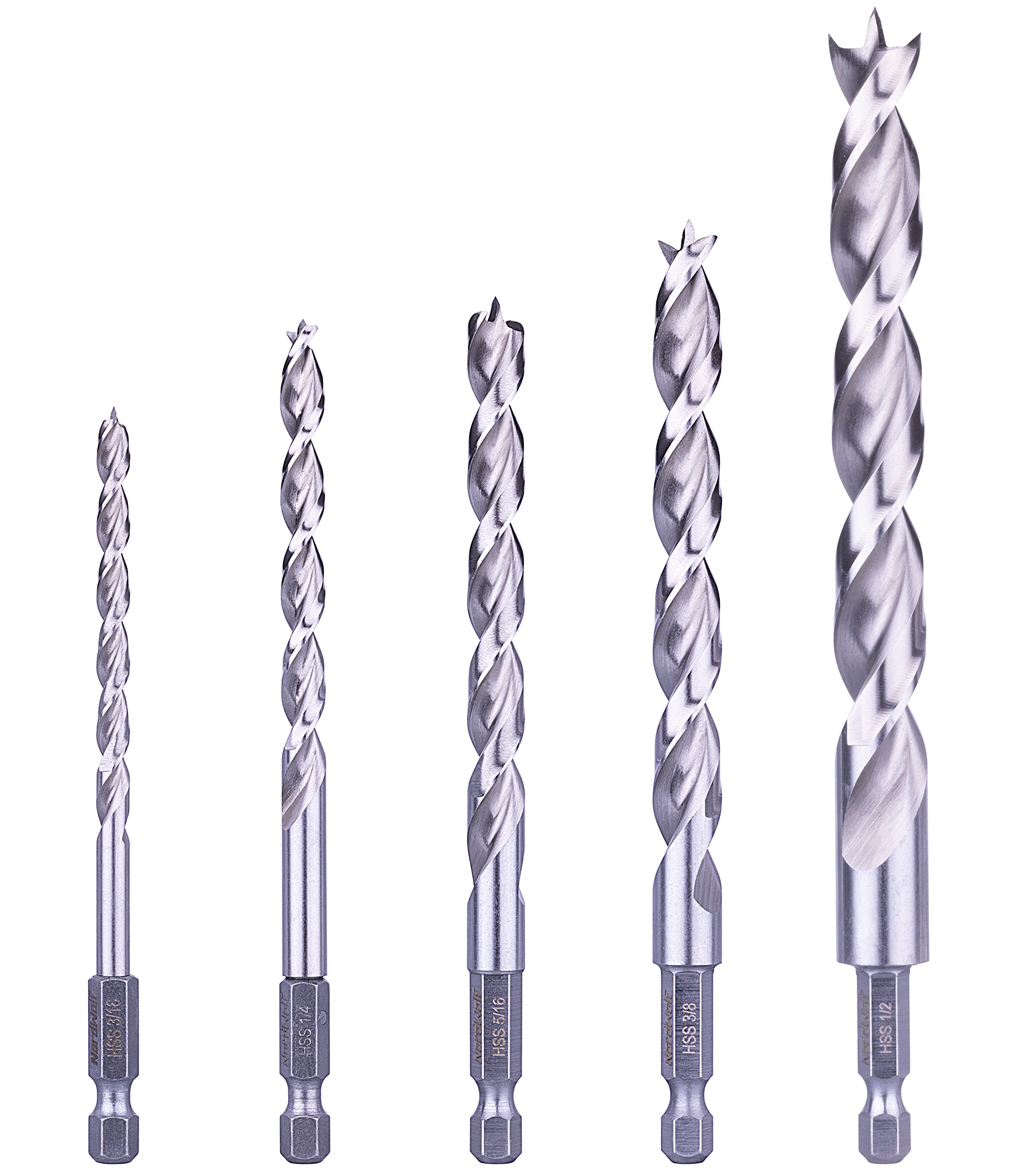 NordWolf 5-Piece HSS Brad Point Wood Drill Bit Set with 1/4" Hex Shank for Carpenter Woodworking, SAE Sizes 3/16"-1/4"-5/16"-3/8"-1/2"