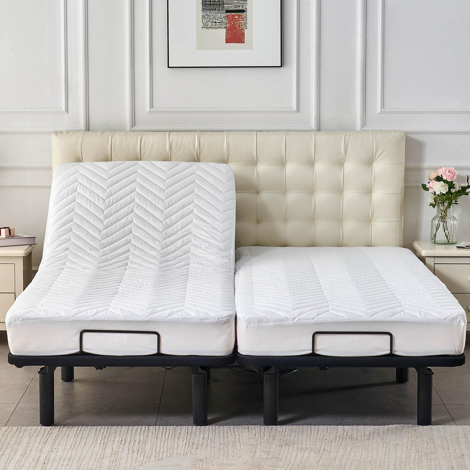 Kingnex Quilted Waterproof Full Split Queen Mattress Protector Adjustable Bed Include 2 30x80 Pad Fitted Sheet Style Deep Pocket Matress Cover Split Queen