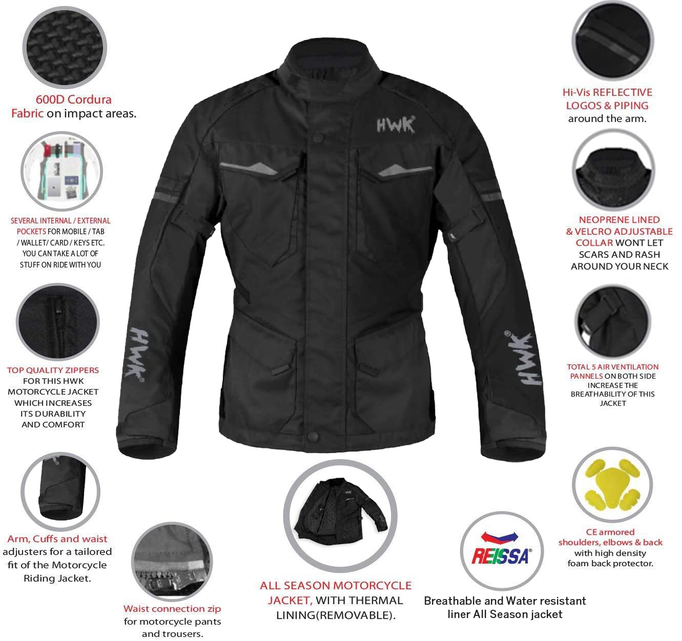 HWK Motorcycle Jacket for Men Adventure/Touring with Cordura Textile Fabric for Motorbike Riding and Impact Protection Armor (Black, Large)