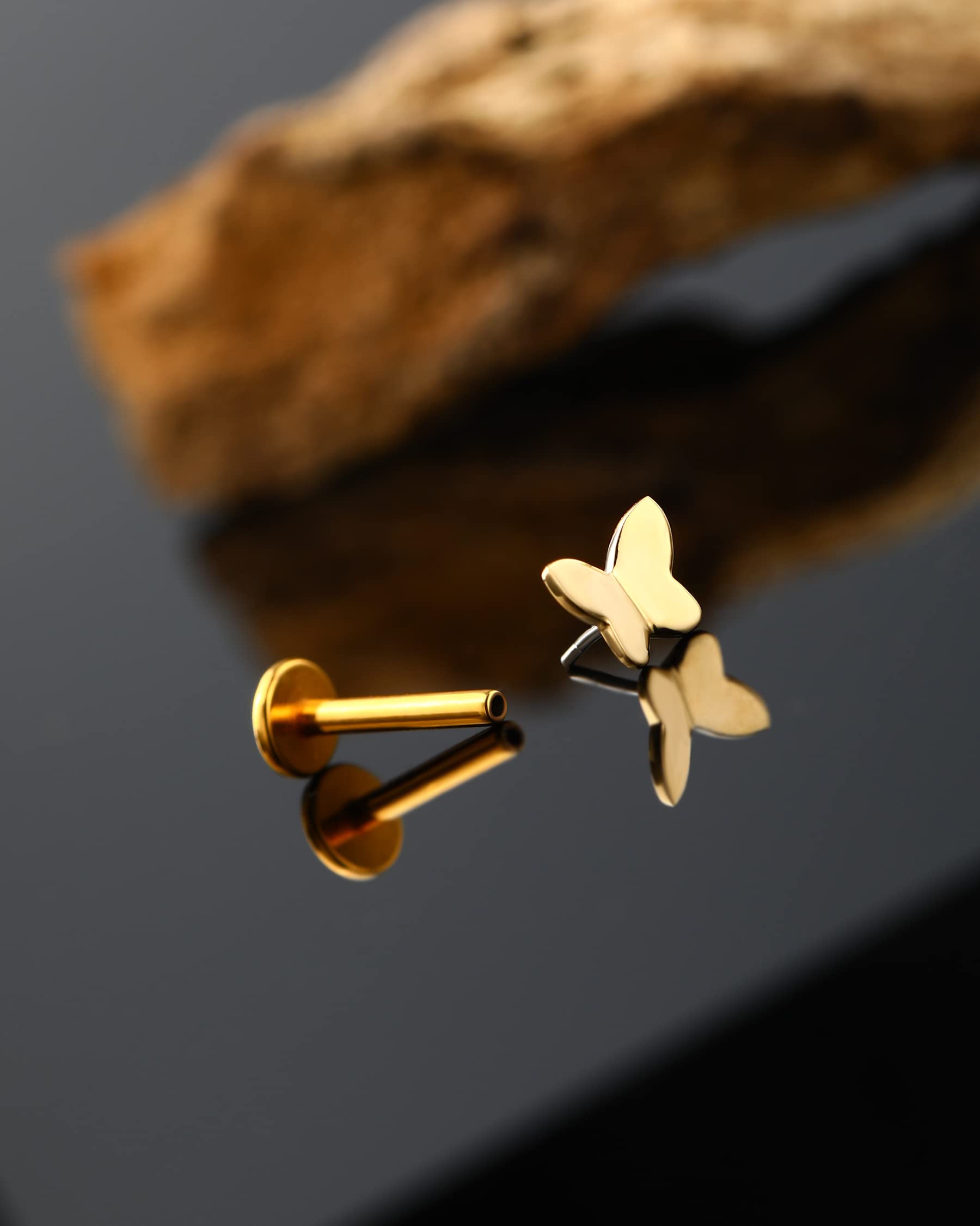 Jewseen 14K Solid Gold 16G Butterfly Top in Threadless Flat Back Studs Cartilage Earring Lip Labret Stud Helix Piercing Jewelry Nose Stud Tragus Earring Stud Earring for Women Men JTH010-T