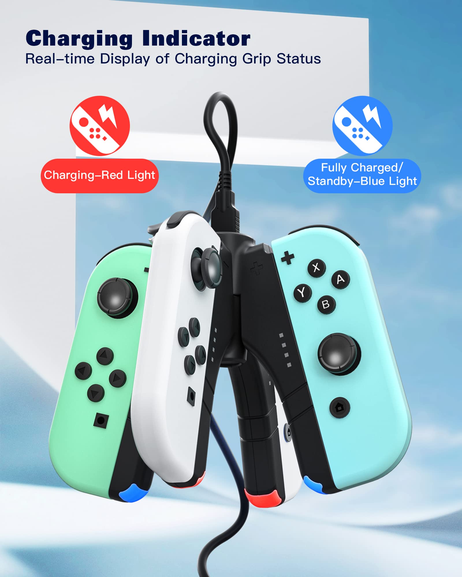 Narati Joycon Charging Grip for Nintendo Switch OLED, 4 in 1 Controller Charging Dock Station, 2 Portable V-Shaped Charger Grip with LED and 3rd Party JoyPad with Type C Cable & 4 Thumb Grip Caps